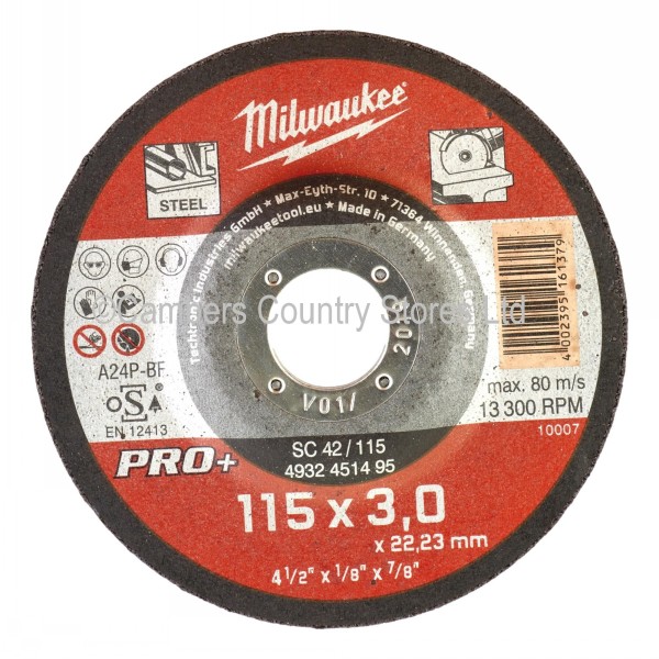 Milwaukee Pro+ Cutting Disk 115mm x 3mm Steel | Cambers Country Store